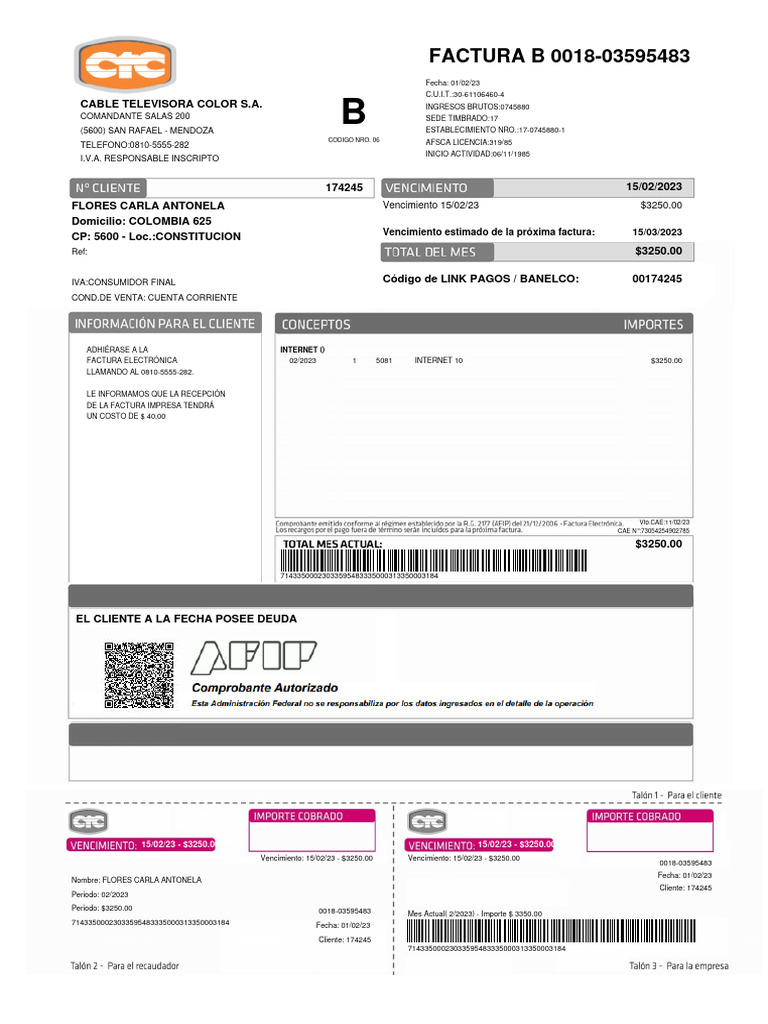 FACTURA B 0018-03595483: Cable Televisora Color S.A | PDF | Industrias ...