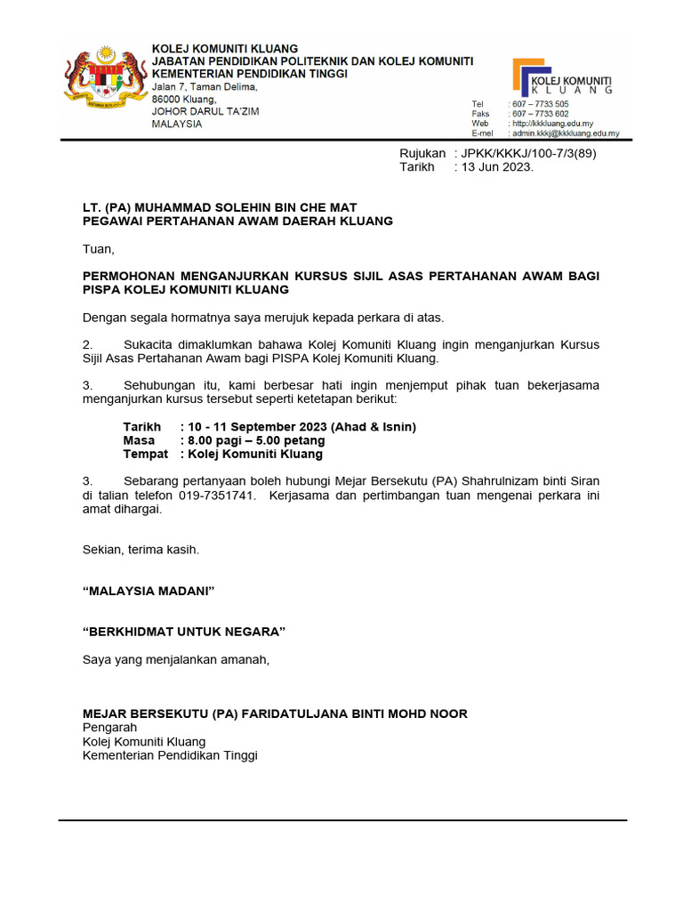 Surat Jemputan Pegawai Dan Jurulatih APM 2023 | PDF