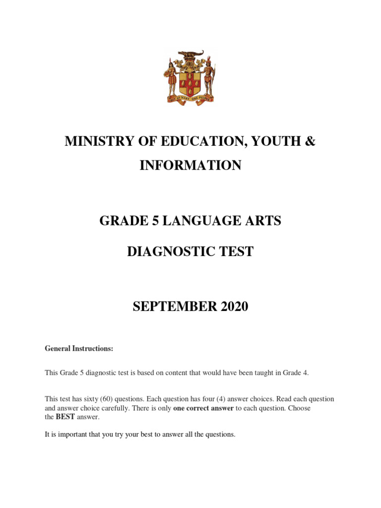 Grade 5 Language Arts Diagnostic Test | PDF | Sound | Adverb