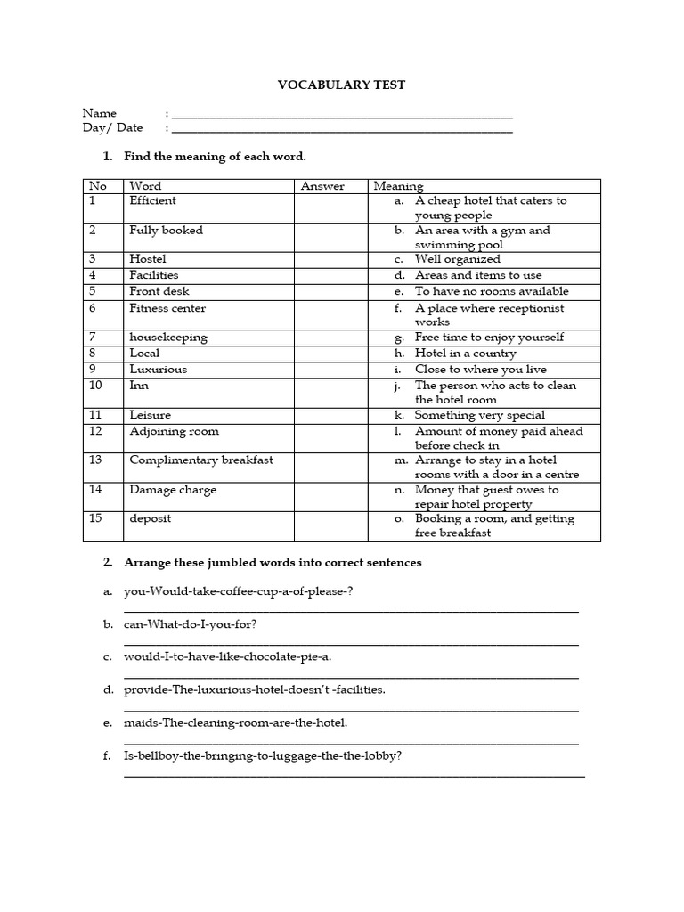 Vocabulary Test | PDF | Hotel