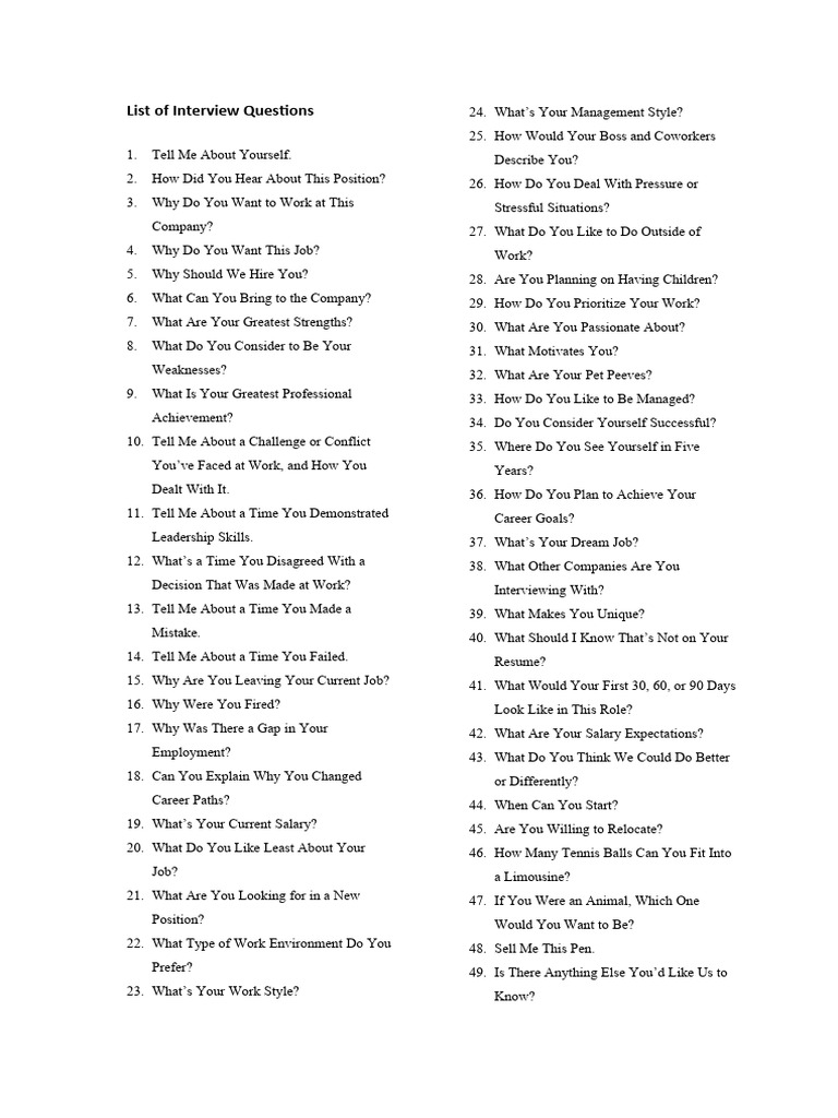 List of Interview Questions | PDF | Psychology