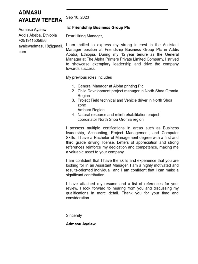 Admasu Ayalew Tefera Cover Letter - FBG | PDF | Career & Growth