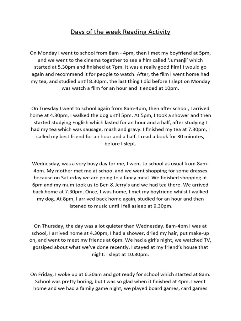 Days of The Week Reading Activity Reading Comprehension Exercises ...