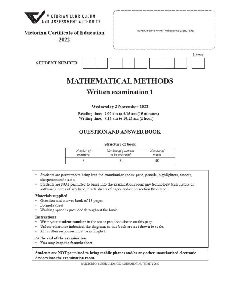 Mathematical Methods: Written Examination 1 | PDF | Area | Books