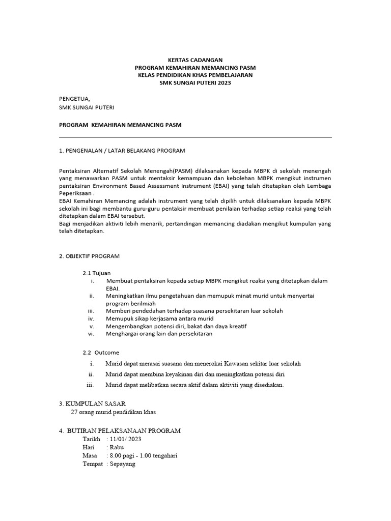 Kertas Kerja Memancing Pasm 2023 | PDF