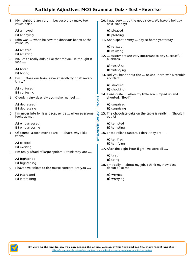Participle Adjectives MCQ Exercise | PDF