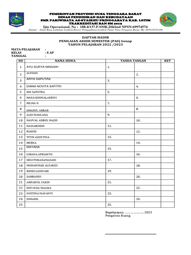 Daftar Hadir Siswa PAT | PDF Daftar Hadir Siswa PAT | PDF