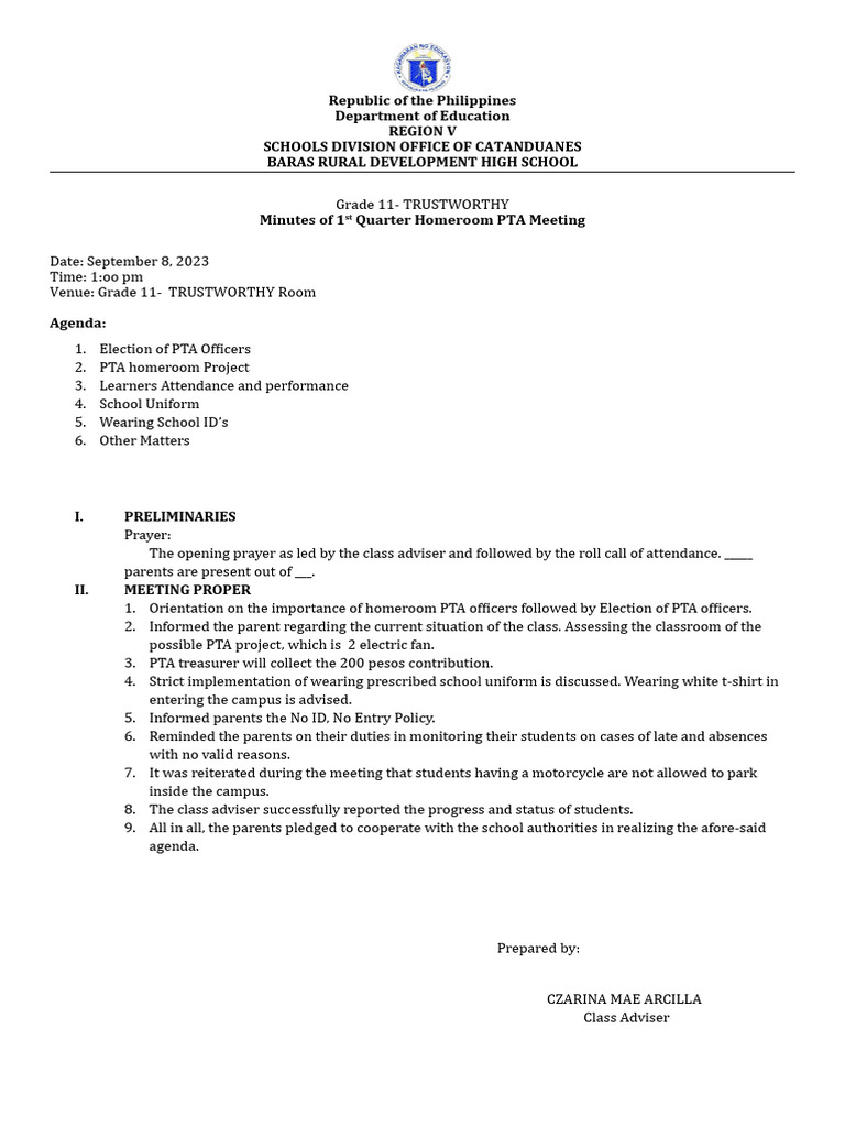 1st Homeroom Pta Meeting | PDF