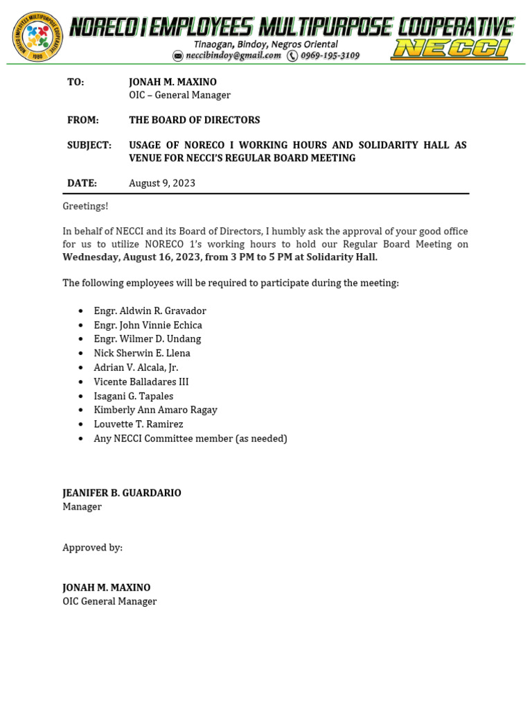 9 Letter To OIC GM Re Usage of Working Hours For Regular BMs | PDF