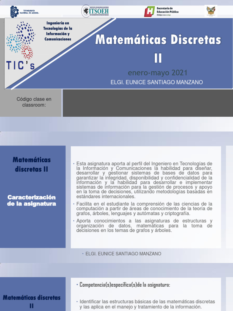 PRESENTACIÓN DE ASIGNATURA - Matemáticas Discretas 2 | PDF | Matemáticas discretas | Criptografía