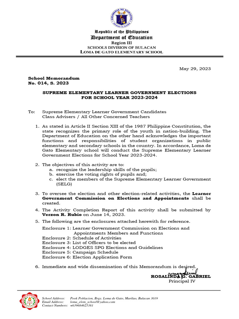 School Memorandum No. 14 Supreme Elementary Learner Government Elections 2023 2024 | PDF ...