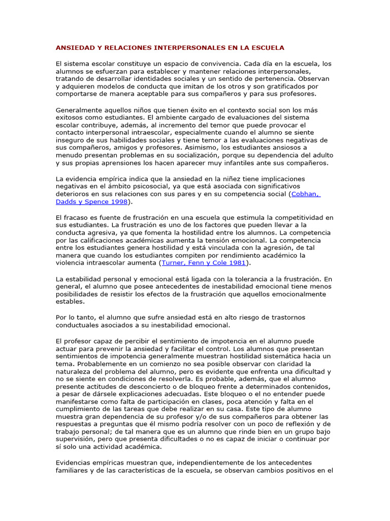 Ansiedad y Relaciones Interpersonales en La Escuela | PDF | Relaciones personales, crianza y ...