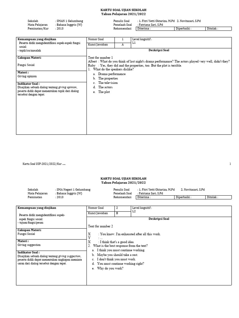 Format Kartu Soal P2. USP B.Inggris Wajib 2021-2022 | PDF