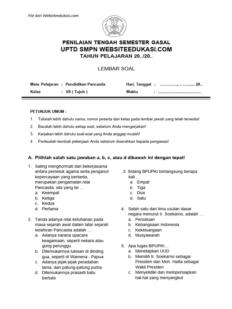 Soal STS 1 PPKN Kelas VII | PDF