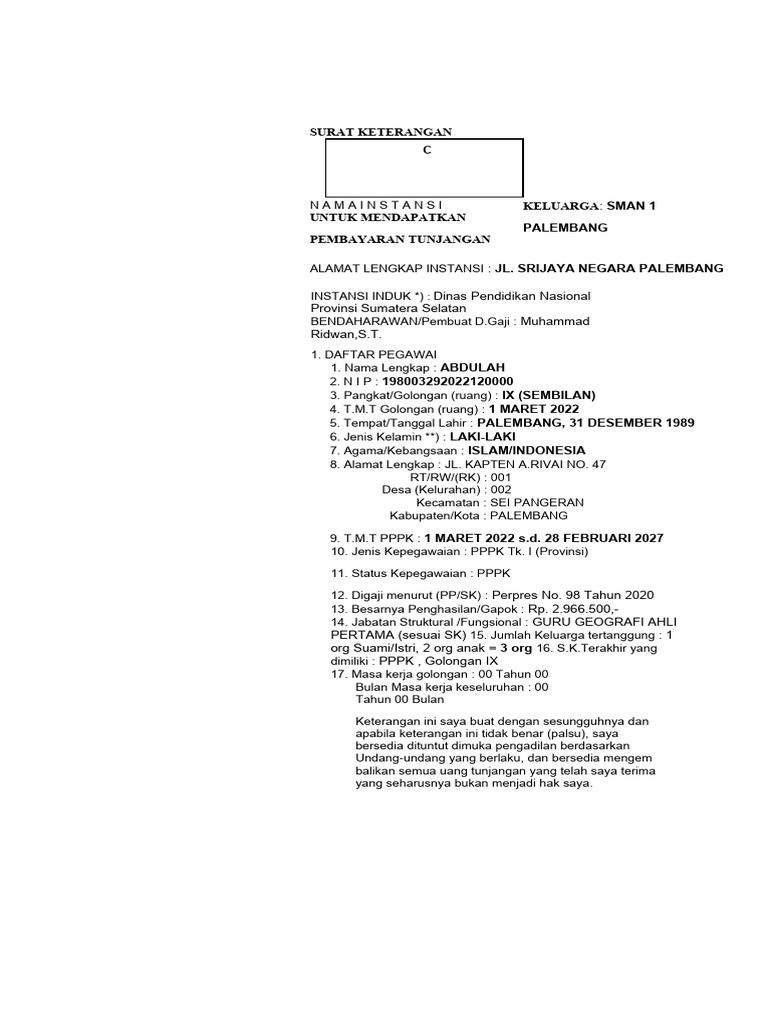 Contoh Pengisian Blangko KP4 Bagian Depan (Menanggung Keluarga) | PDF