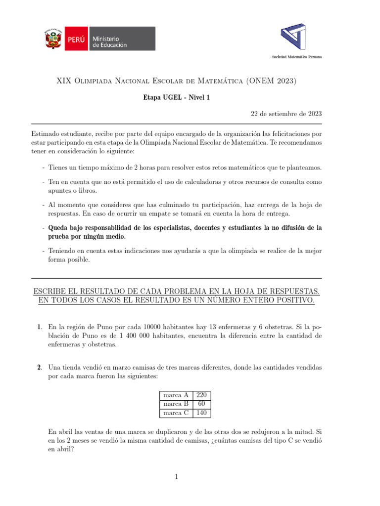 XIX Olimpiada Nacional Escolar de Matem Atica (ONEM 2023) | PDF