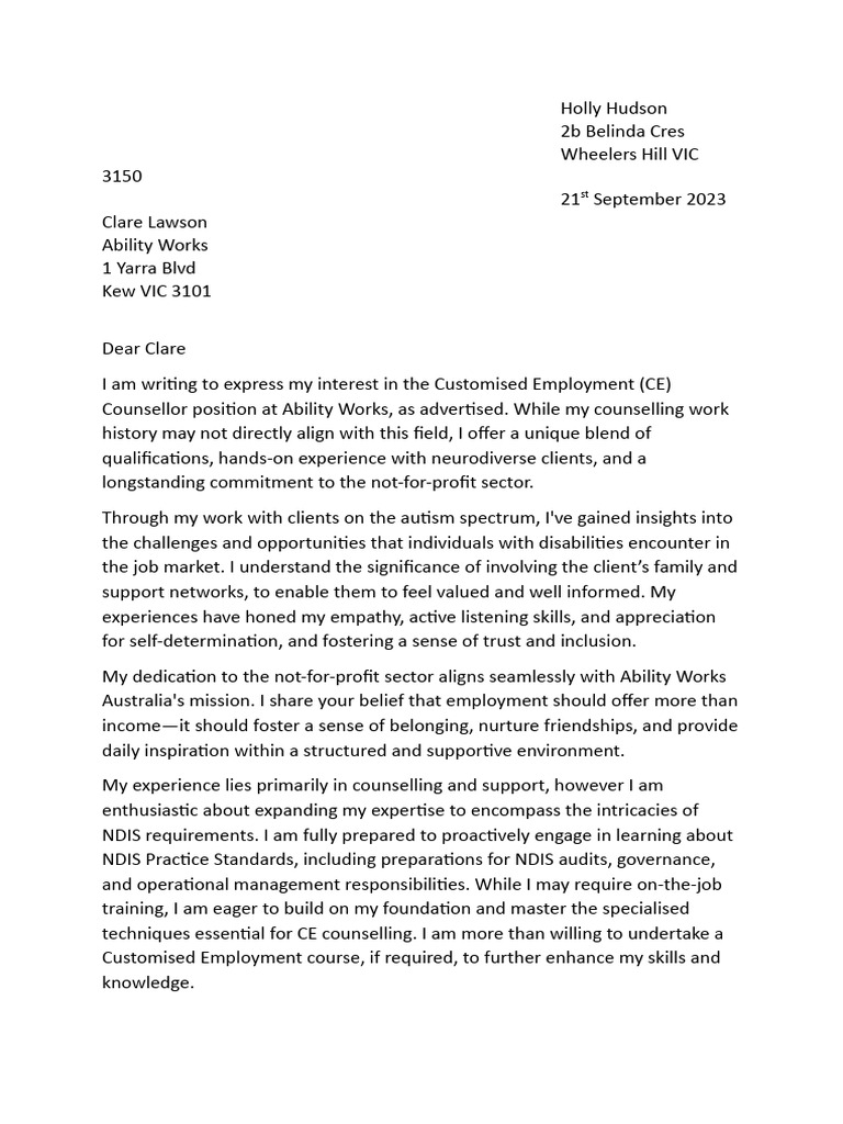 Holly Hudson - Cover Letter | PDF | Behavioural Sciences