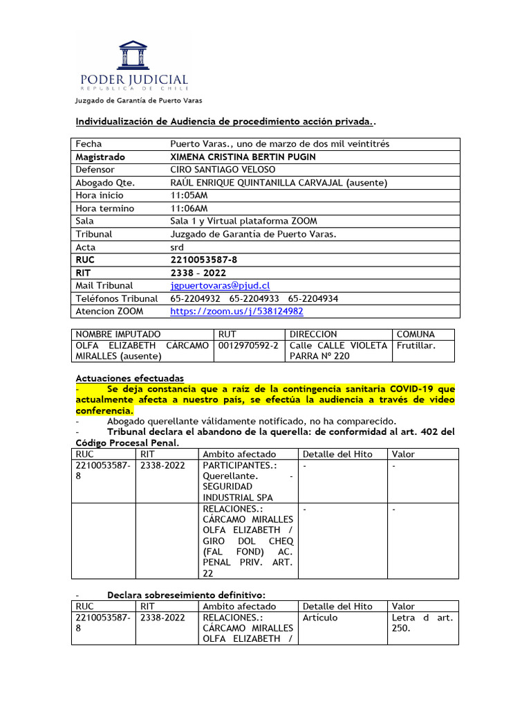 Resolucion de JG de PV Que Declara Abandono de Querella, Art. 402 CPP ... Resolucion de JG de PV Que Declara Abandono de Querella, Art. 402 CPP ...