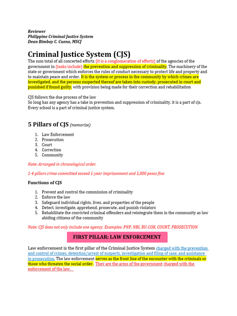 Overview of the Philippine CJS Pillars | PDF | Search Warrant | Prosecutor