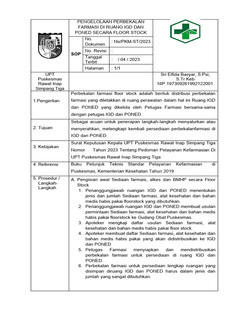 Spo Perbekalan Di Ruang Igd Dan Poned Secara Floor Stock | PDF