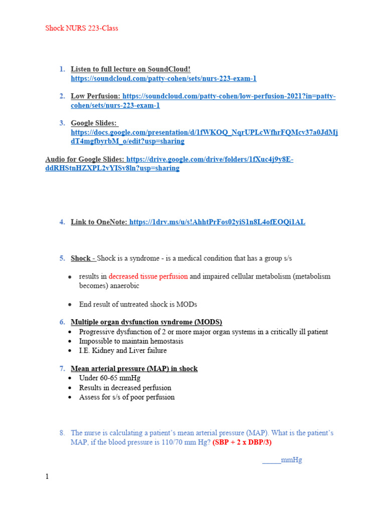 Med Surg Shock Worksheet | PDF