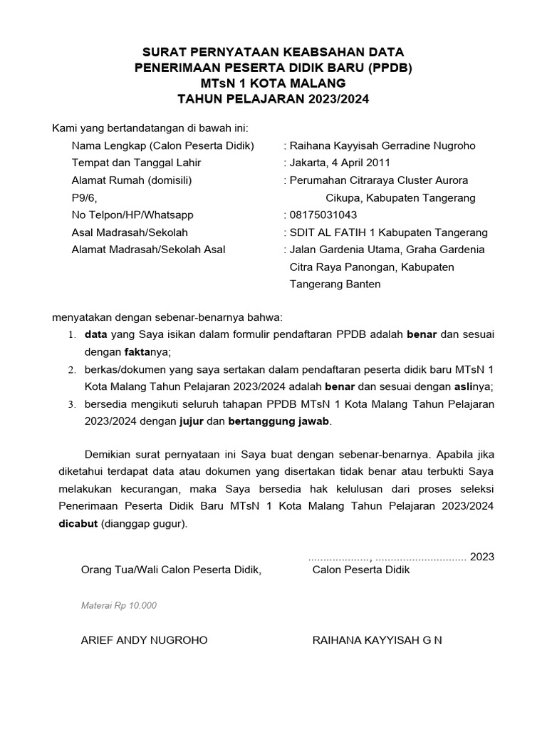 Surat Keterangan Keabsahan Data PPDB 2023-2024 | PDF