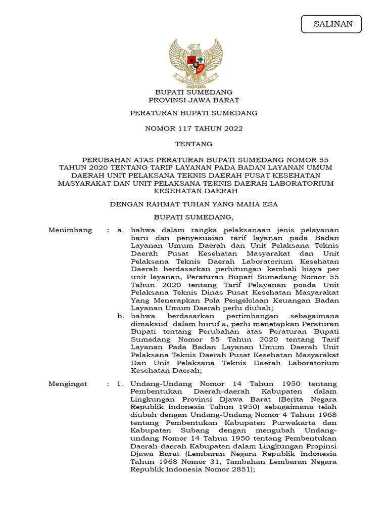 Perbup 117 TH 2022ttg Perubahan Tarif Layanan BLUD | PDF | Bisnis | Teknologi & Rekayasa
