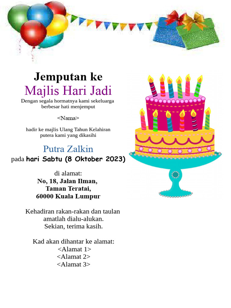Jemputan Majlis Hari Jadi Putra Zalkin | PDF | Cooking, Food & Wine