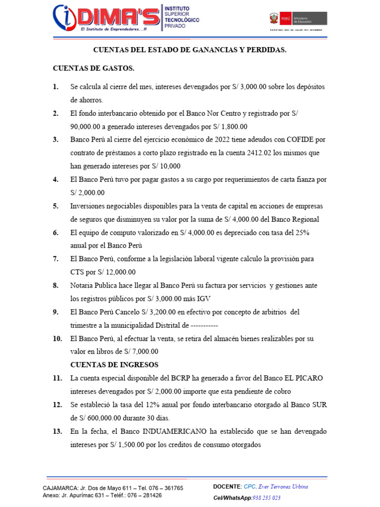 Ejercicios - Ingresos - Gastos - Resultados | PDF | Bancos | Crédito