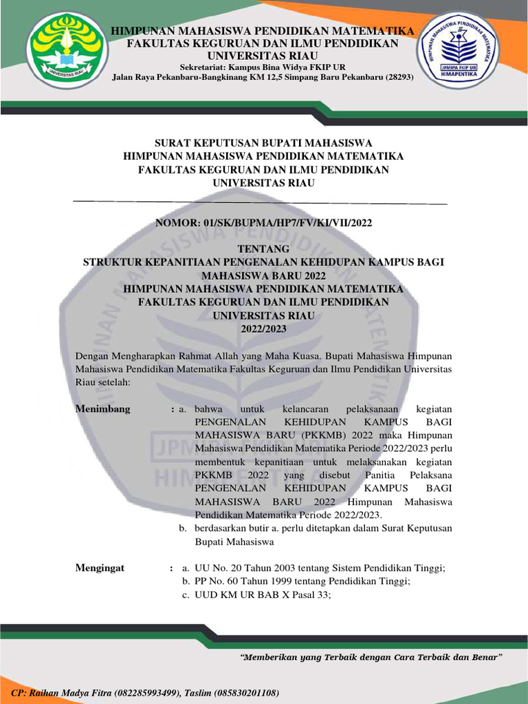 Struktur Panitia PKKMB 2022 UNRI | PDF