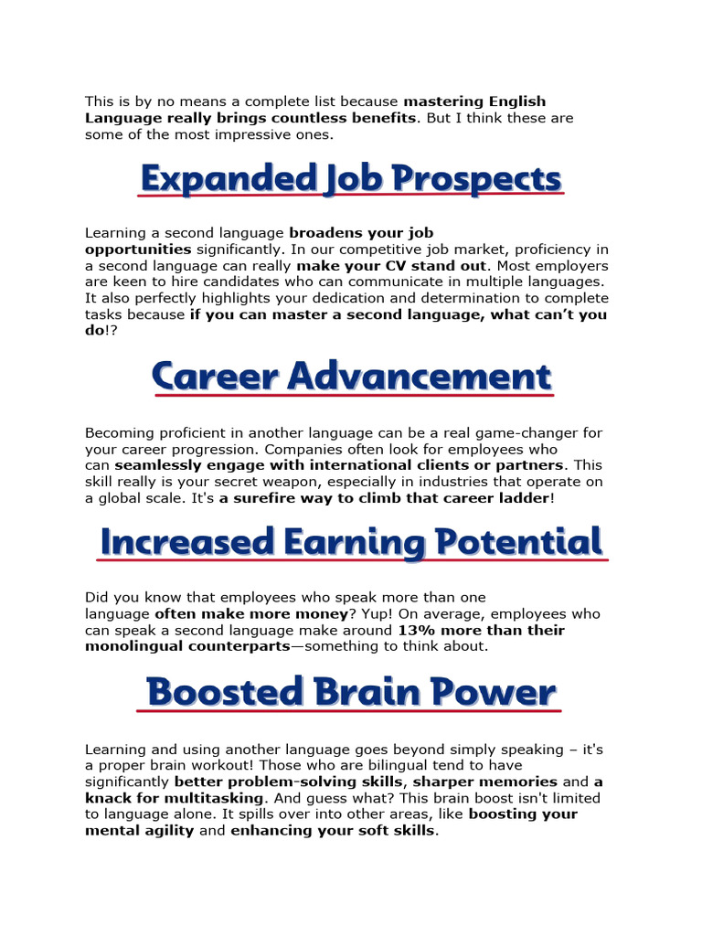 Benefits of Learning a Second Language | PDF | Career & Growth | Social ...