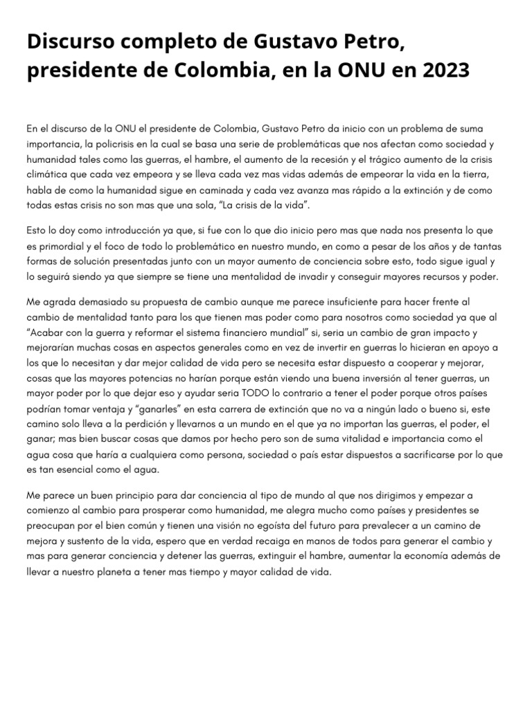 Discurso Completo de Gustavo Petro, Presidente de Colombia, en La ONU ...