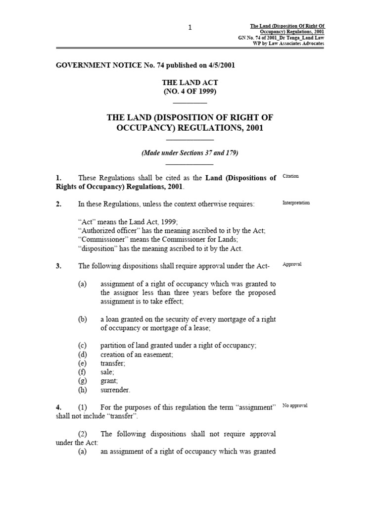 Land Disposition of Rights of Occupancy Regulations 2001 GN 74 | PDF ...