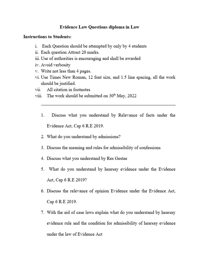 Evidence Law Questions for Diploma Students | PDF | Evidence (Law ...