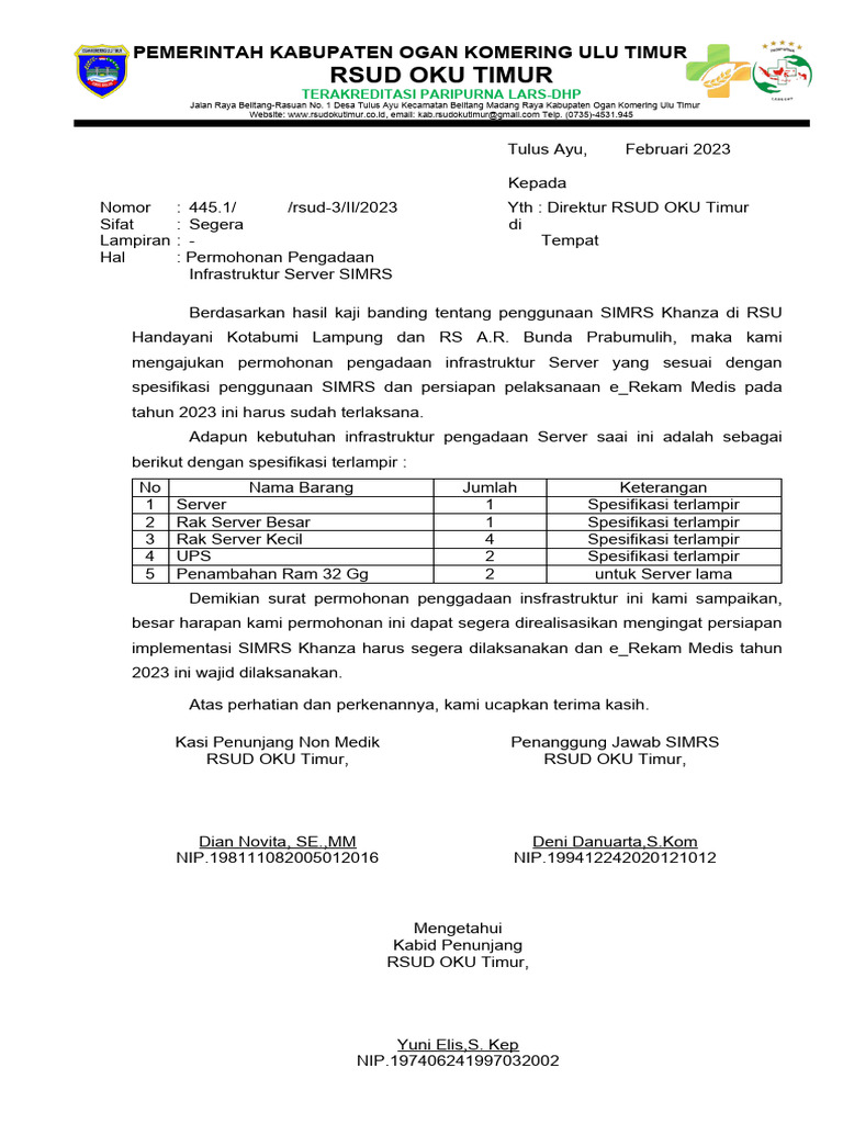 Surat Permohonan Pengadaan Infrastruktur Server | PDF