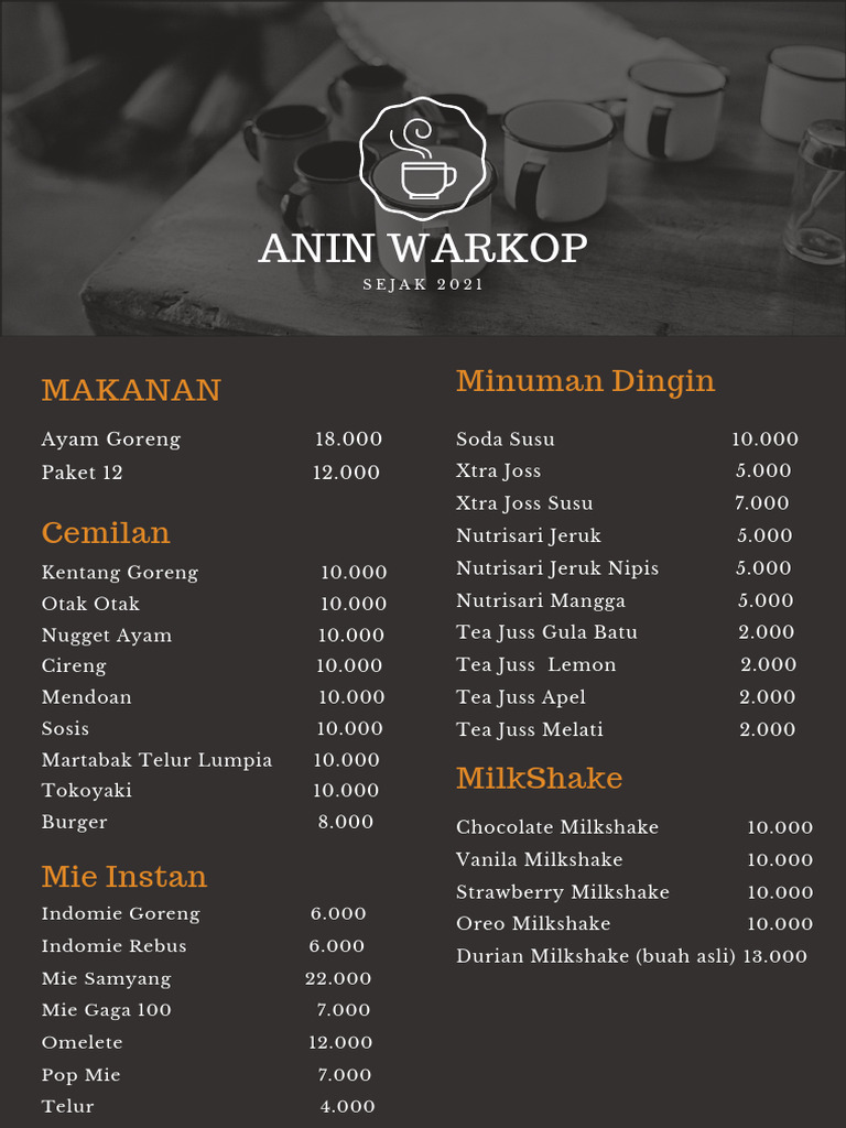 Cokelat Tua Cangkir Kedai Kopi Menu | PDF
