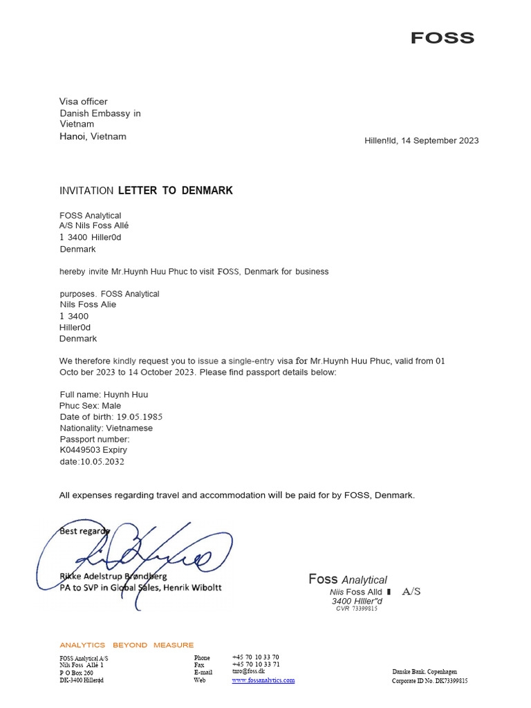 Foss - Invitation Letter To Denmark | PDF