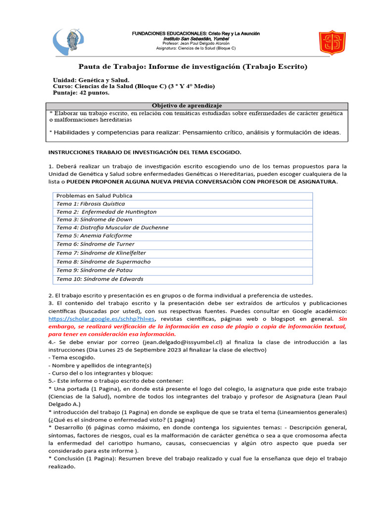 Pauta de Trabajo y Rubrica de Evaluación Trabajo Escrito Ciencias de La Salud 3 y 4 Medio A y B ...