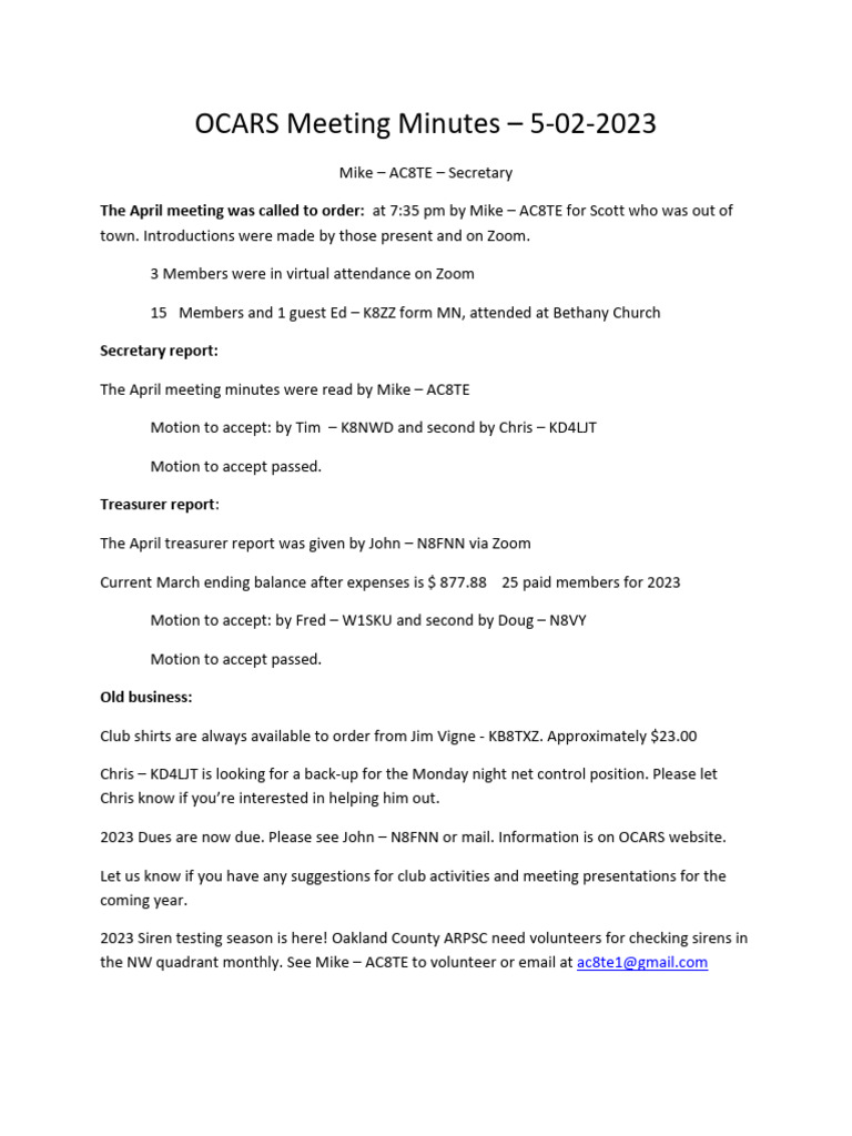 OCARS Meeting Minutes - May 2023 | PDF