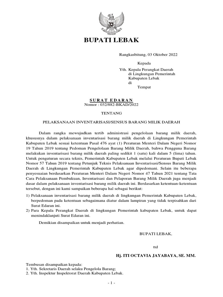 SURAT EDARAN BUPATI TTG INVENTARISASI BMD 2022 Draft Final | PDF
