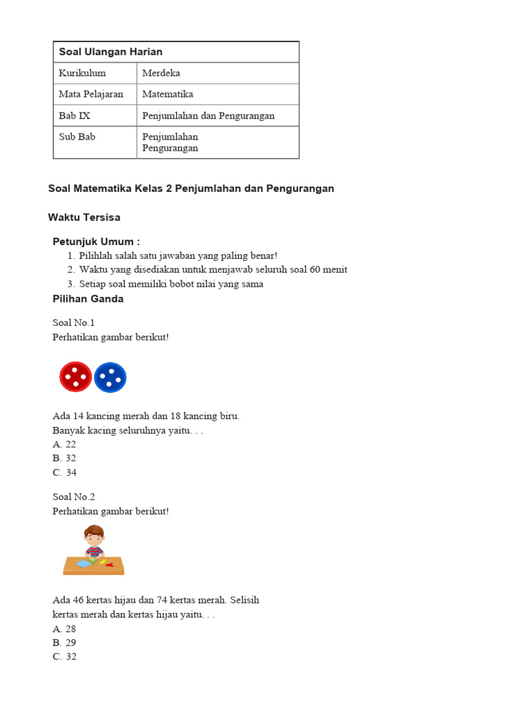Soal Matematika Kelas 2 Penjumlahan Dan Pengurangan | PDF