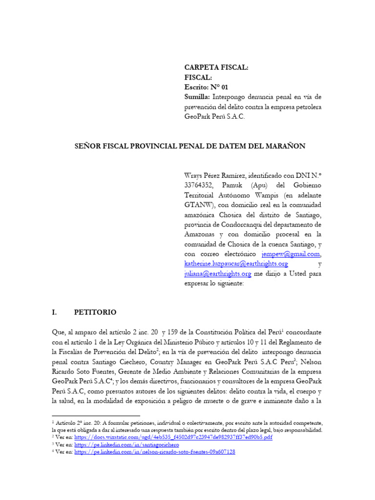 Denuncia contra GeoPark Perú S.A.C. | PDF | Perú | Fiscal