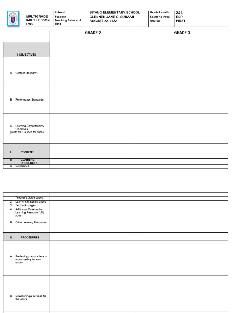 ESP DLL Grade 2 Week 1 Quarter 1 | PDF | Teaching | Human Communication