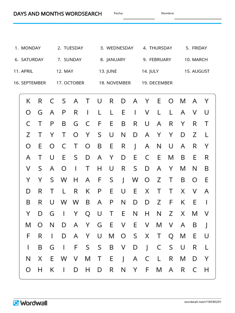 Days and Months Wordsearch Sopa de Letras | PDF