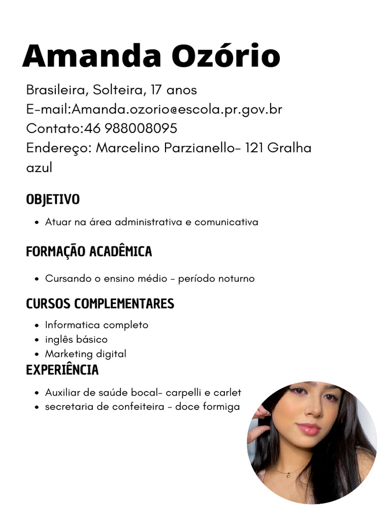 Currículo de Amanda Ozório - 17 anos | PDF | Bem-estar