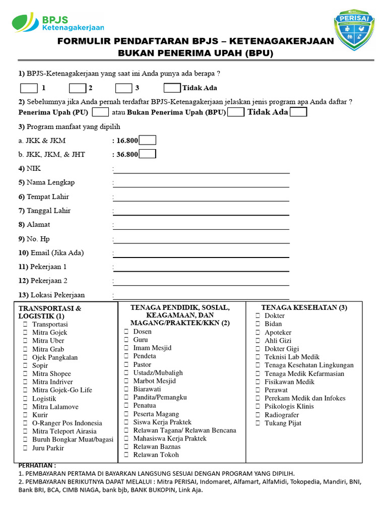 Formulir Pendaftaran Bpjs-Ketenagakerjaan (Perisai) | PDF