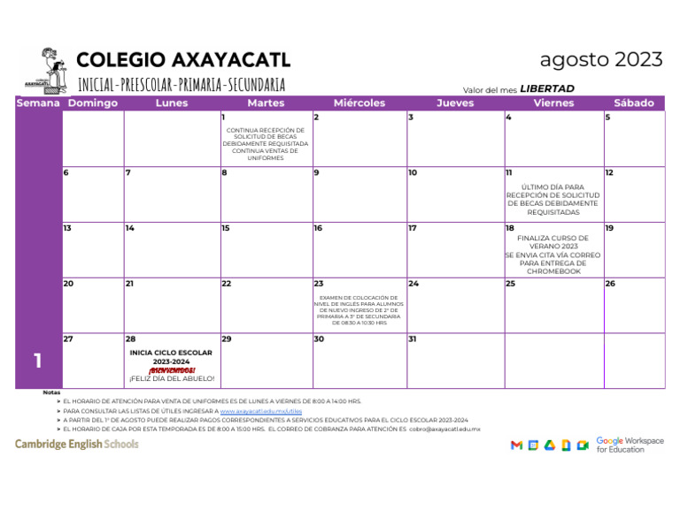 Calendario Escolar Agosto 2023 | PDF