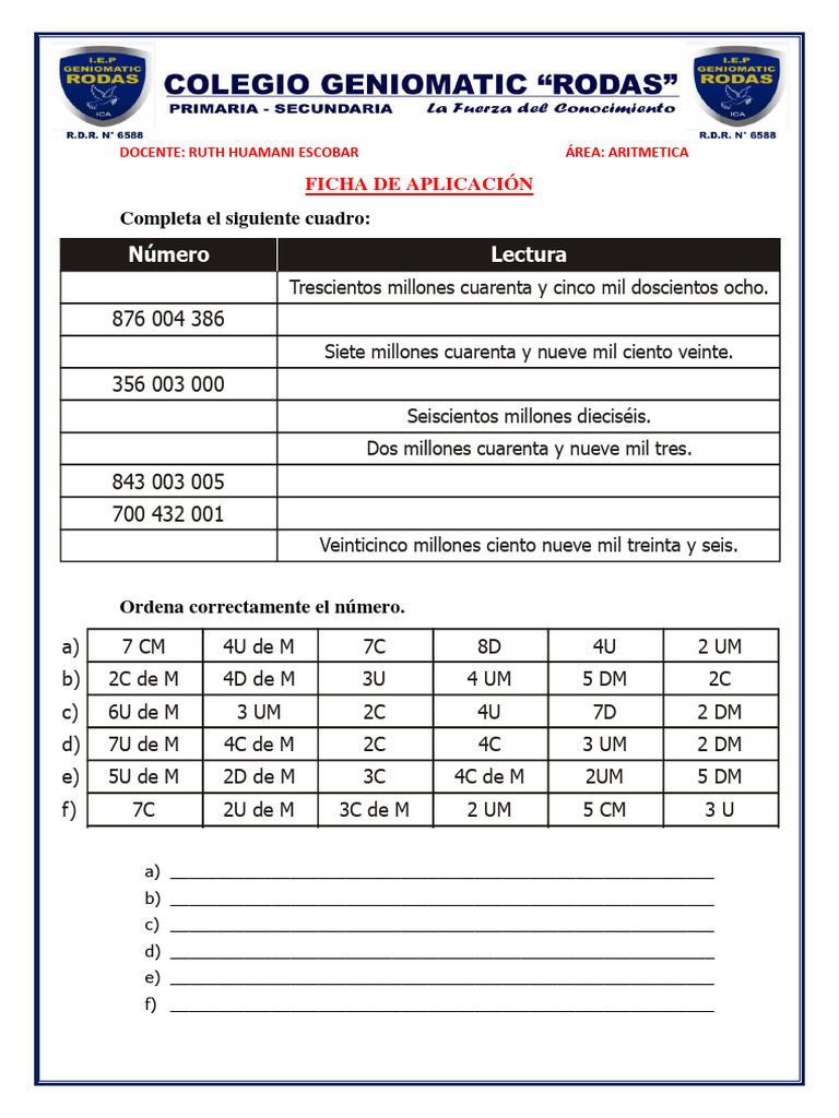 Ficha Numeros Hasta La Centena de Millon | PDF | Informática | Tecnología