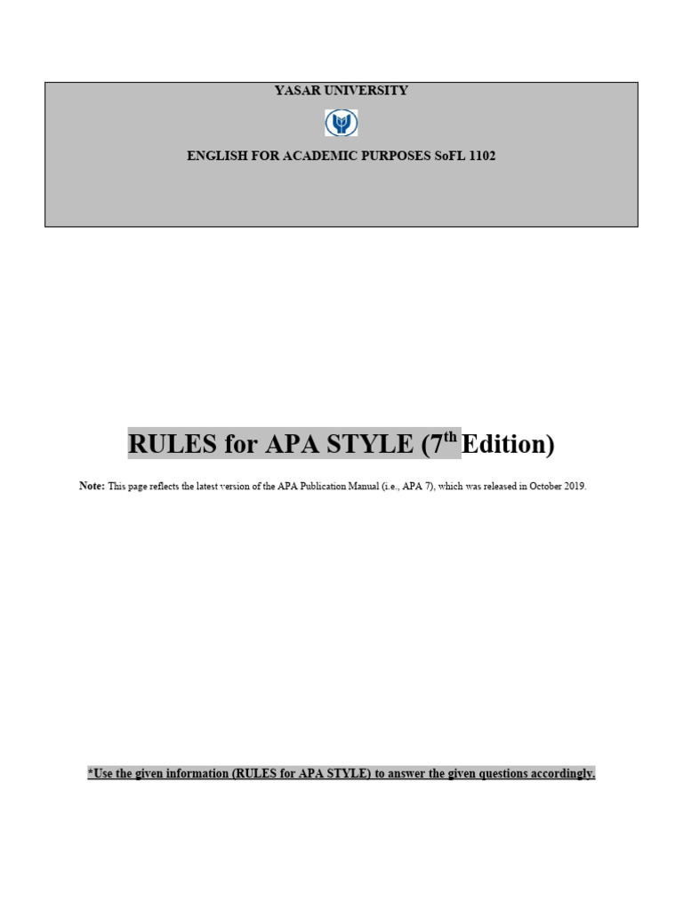 Rules For APA Style (7th Ed.) 2022-2023 Revised | Download Free PDF ...