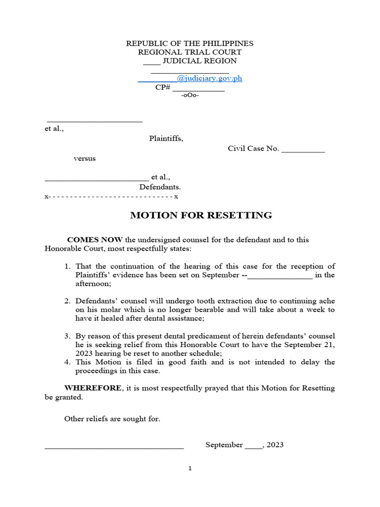 Motion To Reschedule Hearing | PDF | Finance & Money Management | Law